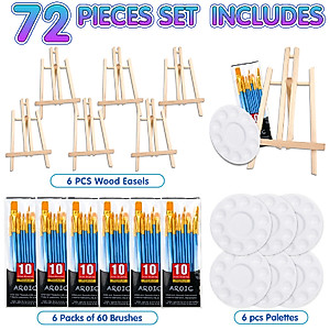72 PCS Professional Painting Set with Easels, 6 PCS Wood Easels,6 Packs of 60 Brushes with Nylon Brush Head and 6 pcs Palettes, Painting Supplies kit for Kids & Adults to Painting Party.