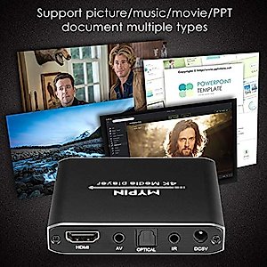 4K Media Player with Power Supply, Digital MP4 Player for 8TB HDD/USB Drive/TF Card/H.265 MP4 PPT MKV AVI Support HDMI/AV/Optical Out and USB Mouse/Keyboard-HDMI up to 7.1 Surround Sound (Black)