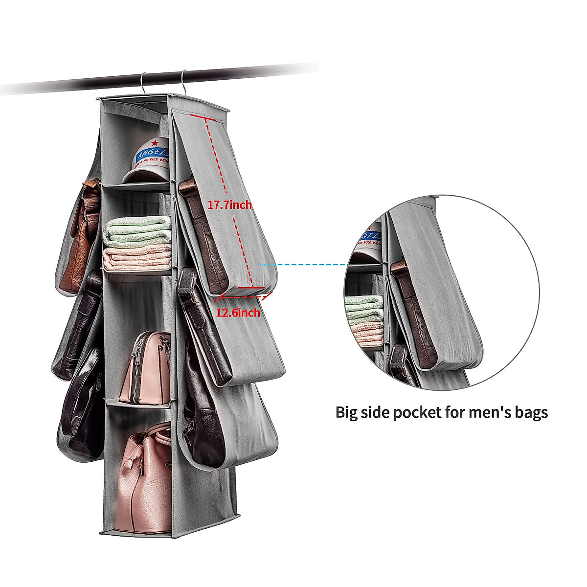 REGELETO Purse Organizer for Closet with 10 Pockets, Breathable Handbag Organizer Storage for Handbags Purses, Clothes and Other Accessories (Grey)