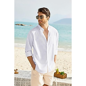 COOFANDY Men's Casual Button Down Long Sleeve Shirt White Linen Shirt Beach Summer Shirts
