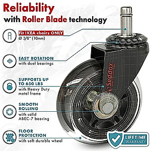 Office Chair Wheels Replacement Set 10mm (3/8" x 7/8") Stem - Fits IKEA Chairs ONLY - Soft Desk Chair Casters for Wood Floors & Carpet - Heavy Duty & Safe for All Floors Without Any Chair Mats