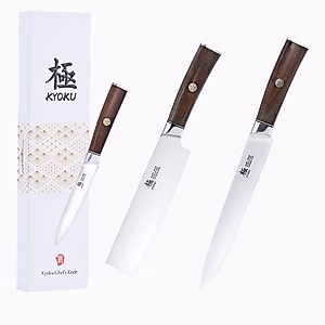 KYOKU Daimyo Series 8" Carving Knife + 5'' Utility Knife + 7'' Nakiri Knife - Japanese 440C Stainless Steel - Rosewood Handle