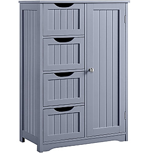 Yaheetech Large Bathroom Floor Cabinet with 4 Dawers and Single Door Cabinet, Freestanding Storage Cabinet for Living Room Kitchen Hallway, Gray