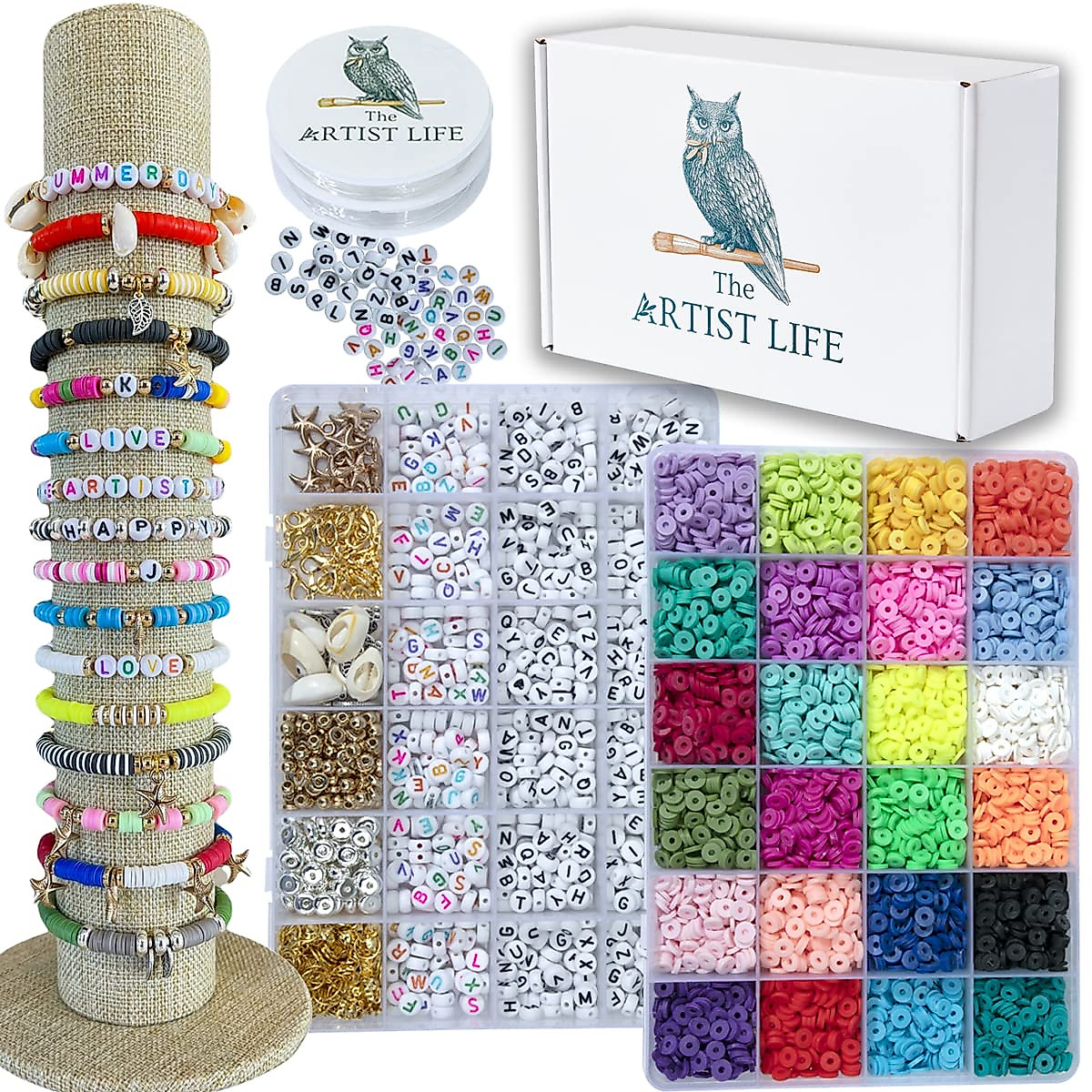 The Artist Life 6000 Clay Heishi Beads Bracelet Making Kit, 24 Colors with 1000+ Letters & Decorative Beads, 6mm Flat Polymer Clay Beads, DIY Jewelry Making Kit, Craft Kit, Bracelets, Necklaces