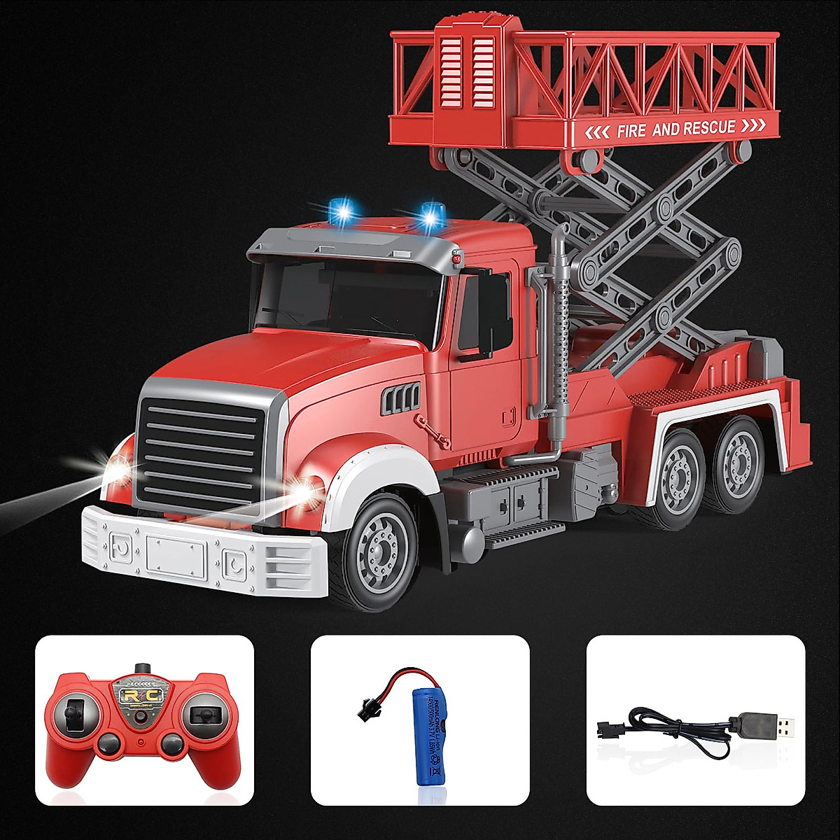 Mostop RC Fire Truck 7 Channel 2.4Ghz Remote Control Fire Engine Truck Toy, 14 inch City Rescue Firetruck Electric Hobby RC Truck Construction Toy with Light and Sounds