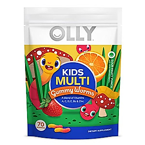 OLLY Kids Multivitamin Gummy Worms, Overall Health and Immune Support, Vitamins and Minerals A, C, D, E, Bs and Zinc, Chewable Supplement, Sour Fruit Punch, 45 Day Supply - 70 Count