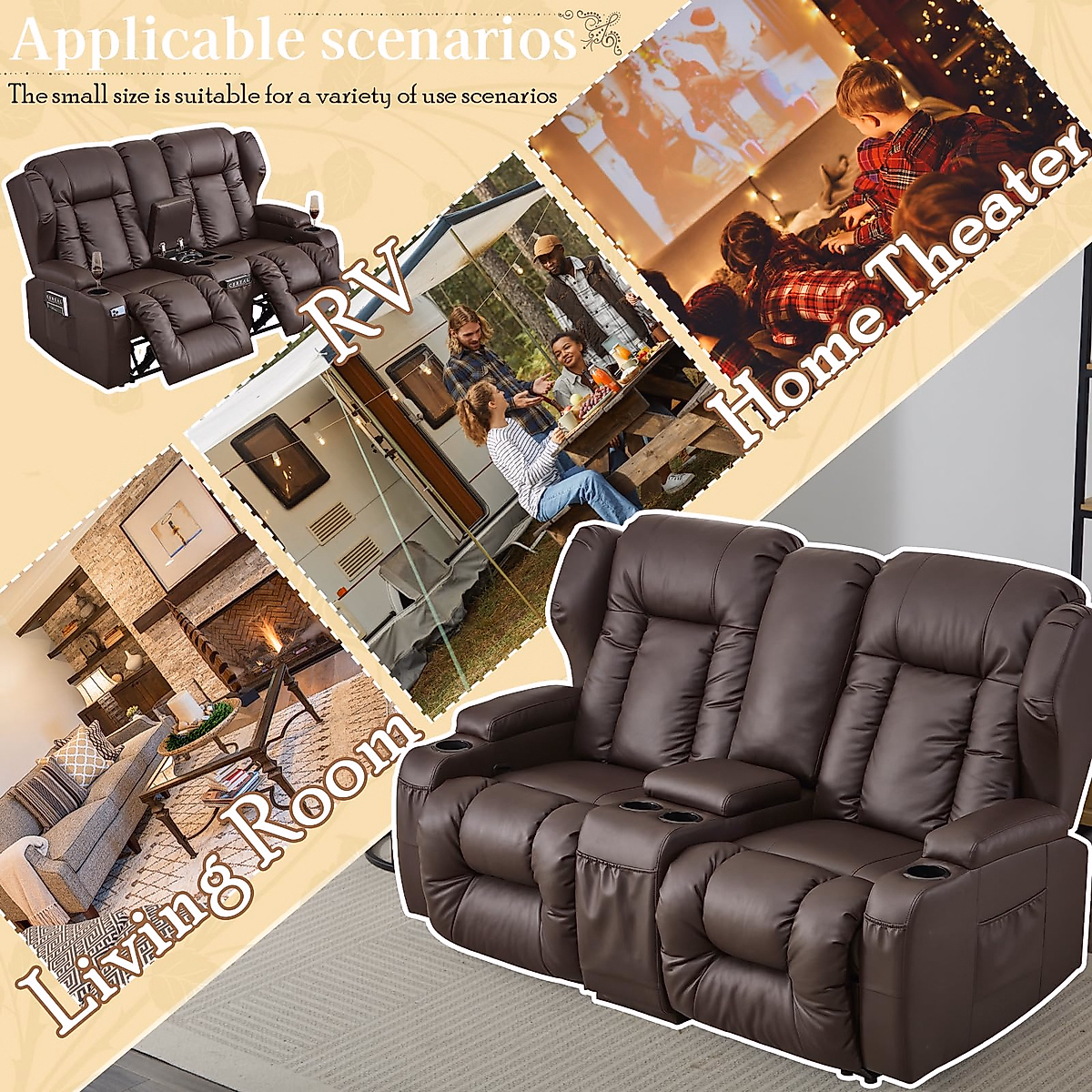 SAMERY RV Loveseat Recliner Sofa, Manual Reclining Loveseat with Console, 2 Seat Recliner Sofa Chair for Living Room RV Theater Recliner Love Seat with Cup Holders/Pockets/Pillows
