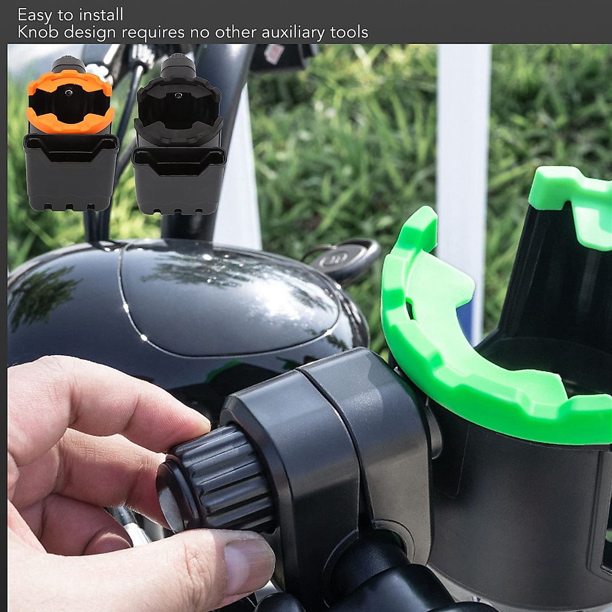 Stroller Cup Holder, Multifunction Water Bottle Holder with Large Caliber Designed, 360 Degrees Rotation Wheelchair Cup Holder, Portable Stroller Water Bottle Holder(Black Orange)