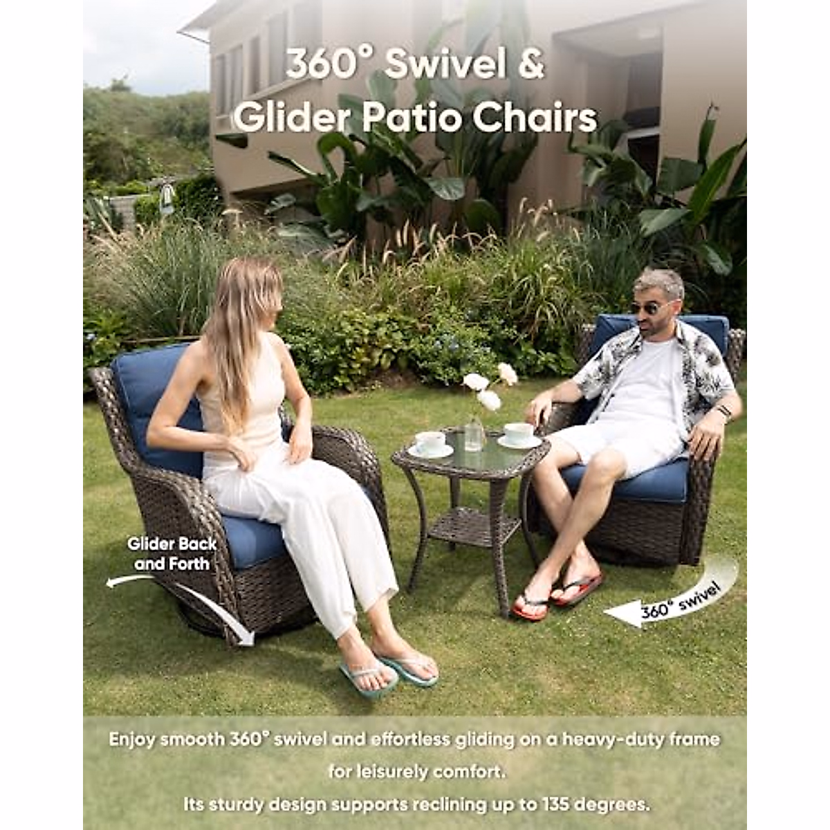 HUMMUH Outdoor Swivel Rocker Wicker Patio Chairs Set of 2, Rattan Rocking Chair Furniture Set (Grey,Blue)