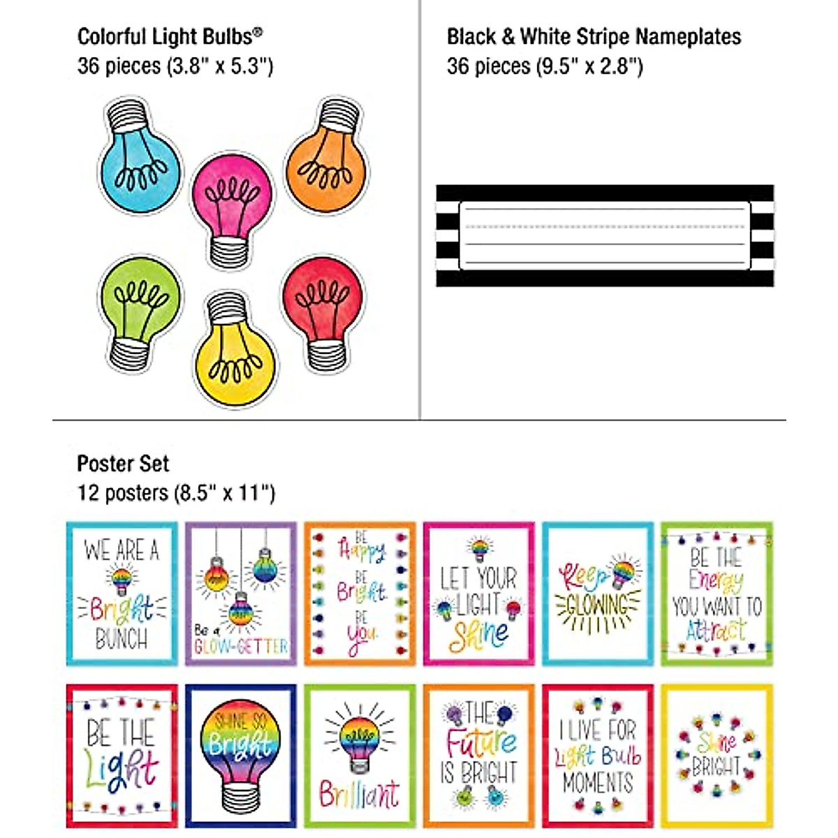 Schoolgirl Style Light Bulb Moments Classroom Decor Bundle, Classroom Calendar, Growth Mindset Bulletin Board Sets, Bulletin Board Border, Cutouts, Nameplates, Motivational Poster Pack (588 pc)