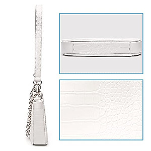 BOBOWINGS White Small Purses for Women, Mini Crocodile Pattern Leather Shoulder Bag Trendy with Silver Chain, Zipper Closure