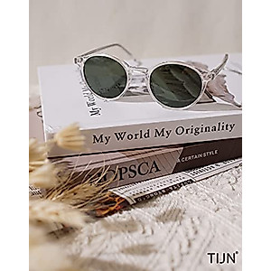 TIJN Polarized Colored Sunglasses for Womens Mens,Retro Small Round Frame,UV400 Protection Tinted Lens Sunnies(Clear+Green)
