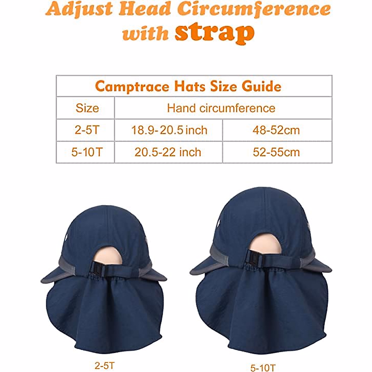 Camptrace Toddler Kids Sun Hats with Neck Flap UPF 50+ UV Protection Wide Rigid Brim Boys Girls Beach Swim Sunhat