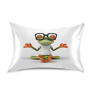 Oyihfvs Funny Cute Green Frog Sitting Wearing a White T-Shirt Sunglasses Silky Satin Pillowcase for Hair and Skin, Soft Bed Pillow Cover, Decorative Silk Pillow Cases, Standard Size 20x26 inches