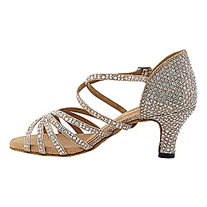 Very Fine Dance Shoes Ladies Latin, Salsa, Rhythm Ballroom Dance Shoes Crystal Collection 1613Bling 2.5 inch Low Heel & Foldable Shoe Brush (Champagne Glitter Satin, Size 5.5)