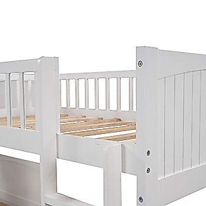 BOVZA Twin Over Twin L-Shaped Triple Bunk Beds with 2 Storage Drawers and 2 Ladders, Wood Bunk Beds with a Loft Attached for 3 Kids Teens, White