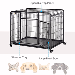 PawHut Folding Design Heavy Duty Metal Dog Cage Crate & Kennel with Removable Tray and Cover, & 4 Locking Wheels, Indoor/Outdoor 43"