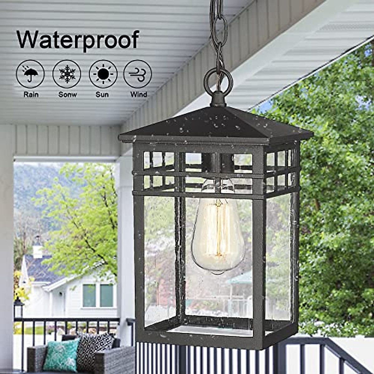 Diyel Outdoor Pendant Light Lanterns for Front Porch, Black Exterior Hanging Light Fixtures with Seeded Glass Shade for Patio, Entryway, Garage, Gazebo, RZ009-H BK
