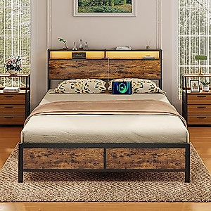 AnwickNomo Queen Size Bed Frame with Built-in LED Lights & USB Ports, Elegant Noise-Free Design, Platform Bed with Storage Headboard, Mattress Base, No Box Spring Required (Queen)