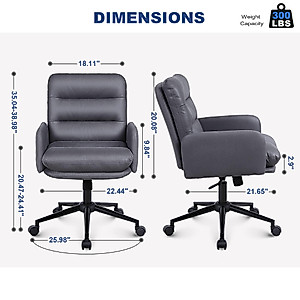 Modern Mid Back Computer Desk Chair with Wheels, Adjustable Home Office Chair, Ergonomic Upholstered Swivel Chair, Grey