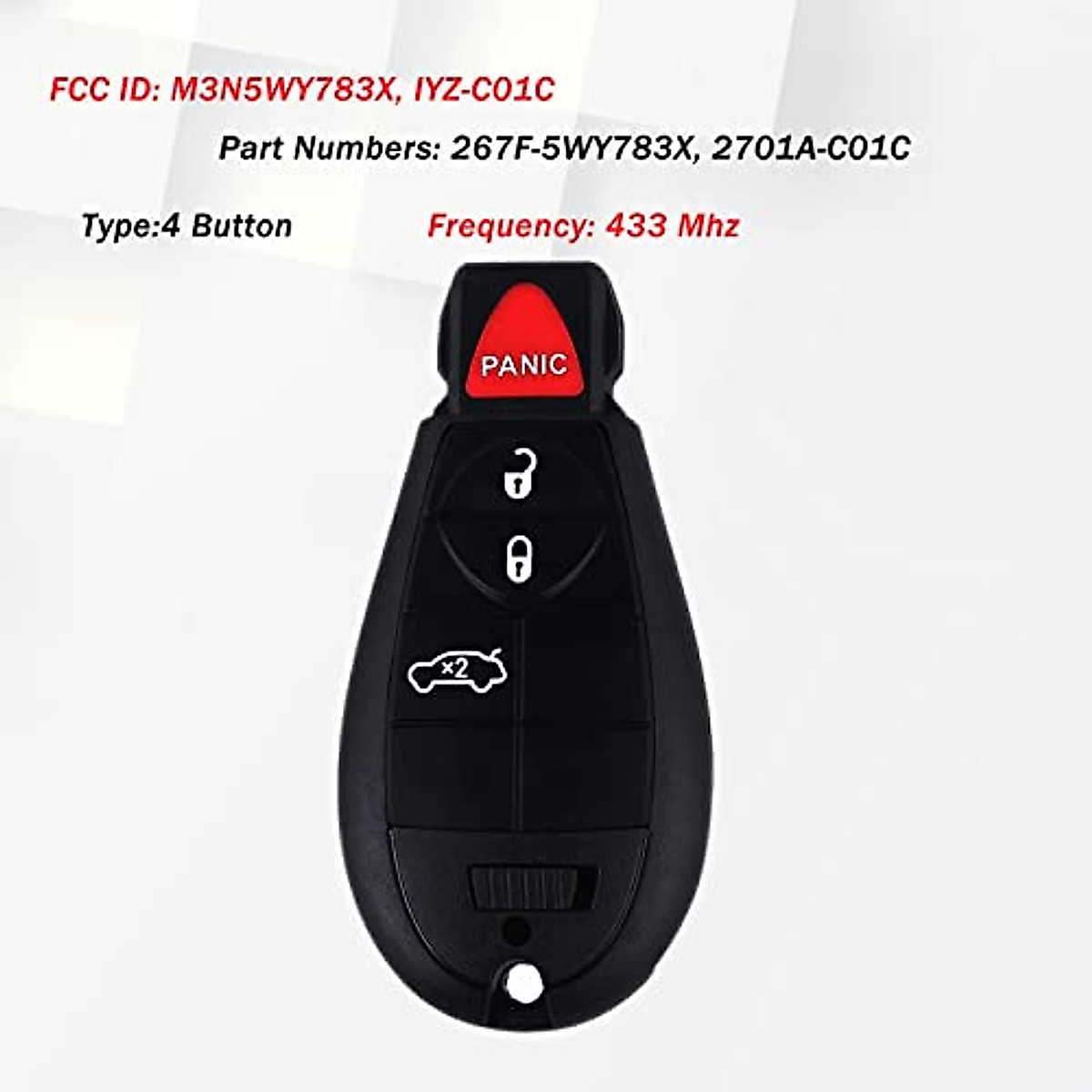 Key Fob Replacement Fit for 2008-2013 Dodge Charger Journey Durango/ 2008-2014 Grand Caravan Challenger/ 2008-2011Chrysler 300 Keyless Entry Remote Start Control M3N5WY783X, Set of 2