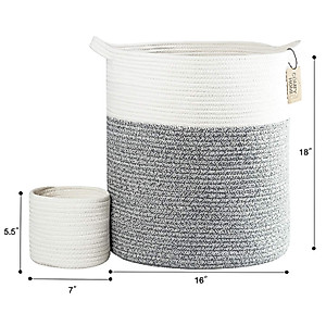 COMFY-HOMI Tall Rope Basket 18X16”（White and Grey）And Square cotton rope basket 13.5X11X9.5” with Handle （White and Dark Grey）