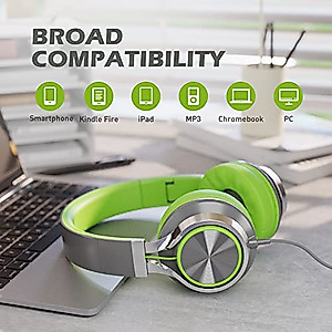 AILIHEN C8 Foldable Wired Headphones with Microphone and Volume Control for Cellphones Tablets Chromebook Smartphones Laptop Computer PC Mp3/4 (Grey/Green)