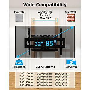 HOMEVISION Full Motion TV Wall Mount for Most 32-75 inch TVs, TV Mount Swivel and Tilt with Dual Articulating Arms,TV Wall Mount Bracket Holds up to132lbs Max VESA 600x400mm Fits 12/16" Wood Stud