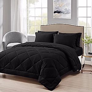 Love's cabin Full/Queen Comforter Set Black, 7 Pieces Queen Bed in a Bag, All Season Full/Queen Bedding Sets with 1 Comforter, 1 Flat Sheet, 1 Fitted Sheet, 2 Pillowcase and 2 Pillow Sham