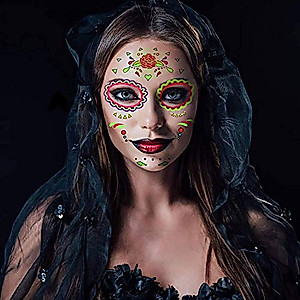 Temporary Face Tattoos, 6 sheets Day of the Dead Decorations Glow in The Dark,Sugar Skull Stickers Halloween Makeup for Men and Women (Face Tattoos)