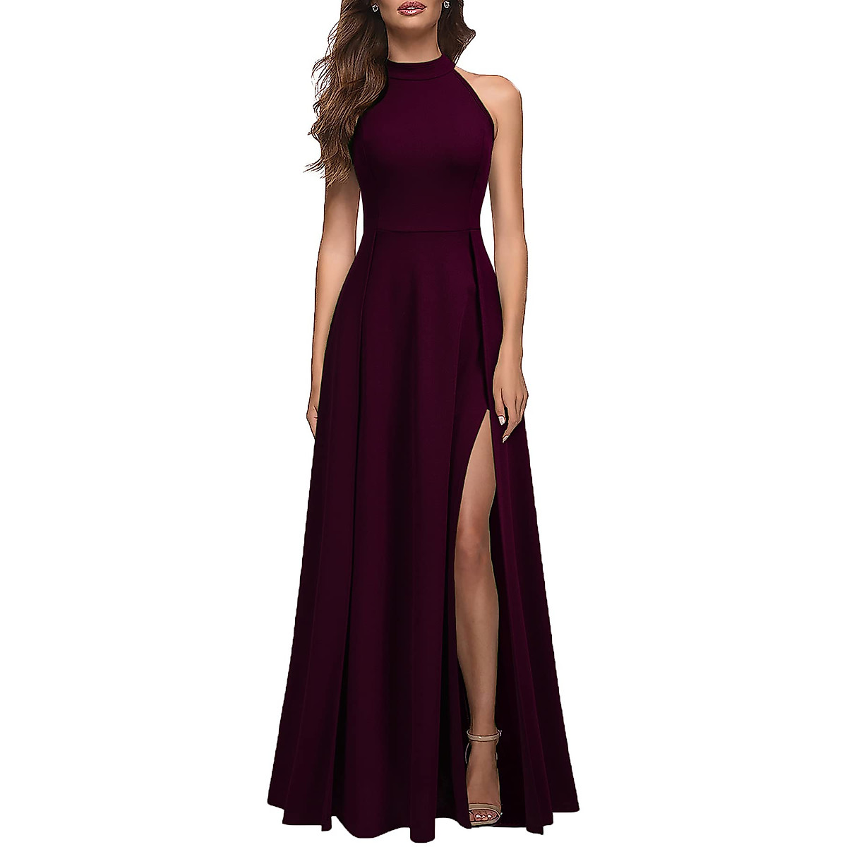 MUSHARE Women's Halter Neck Sexy Split Cocktail Party Maxi Long Formal Dress Burgundy