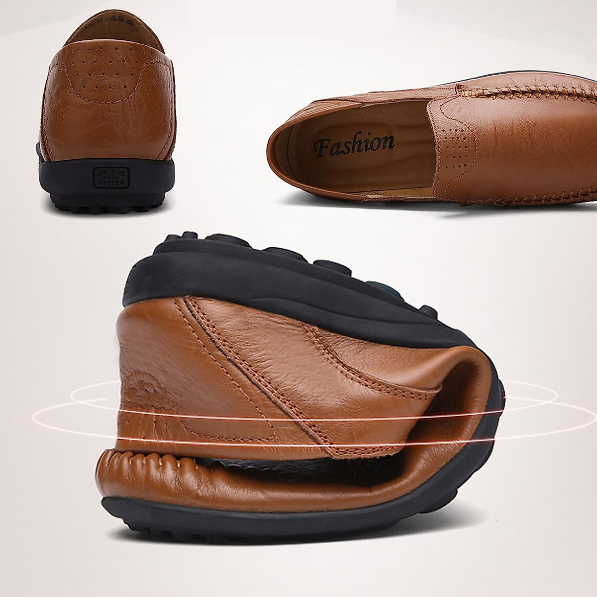 Lapens Men's Driving Shoes Premium Genuine Leather Fashion Slipper Casual Slip On Fashion Sneakers Breathable Mules Sandals Loafers Shoes LPMLFS1588-RB45 Red/Brown