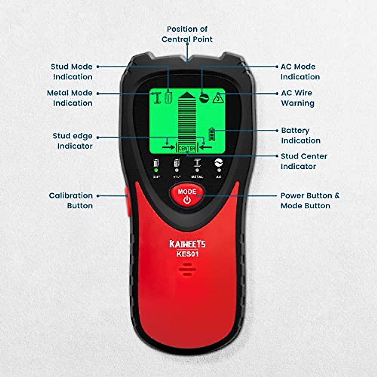 KAIWEETS Stud Finder Wall Scanner, 5 in 1 Electronic Stud Detector with Tricolor Backlight and Audio Alarm, Stud Sensor Beam Finders for the Center and Edge of Wood, AC Wire, Metal and Studs Detection