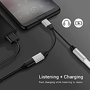 USB C to 3.5mm Headphone and Charger Adapter, 2 in 1 USB C Splitter to Audio Jack & Fast Charging Dongle Cable, Compatible with Samsung Galaxy S20 S21+, Note 20 10, Google Pixel 2 3 4 XL…