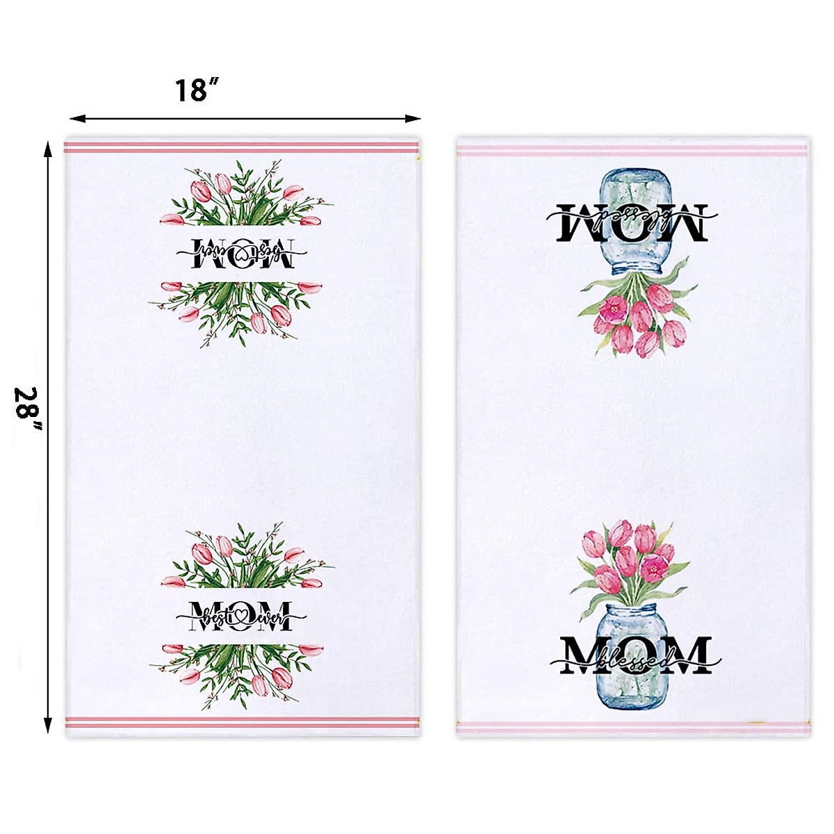 Secarond Blssed Mom Tulip Mason Jar Kitchen Dish Towel 18 x 28 Inch Set of 2, Happy Mother's Day Spring Summer Floral Tea Towels Gift Dish Cloth for Cooking Baking