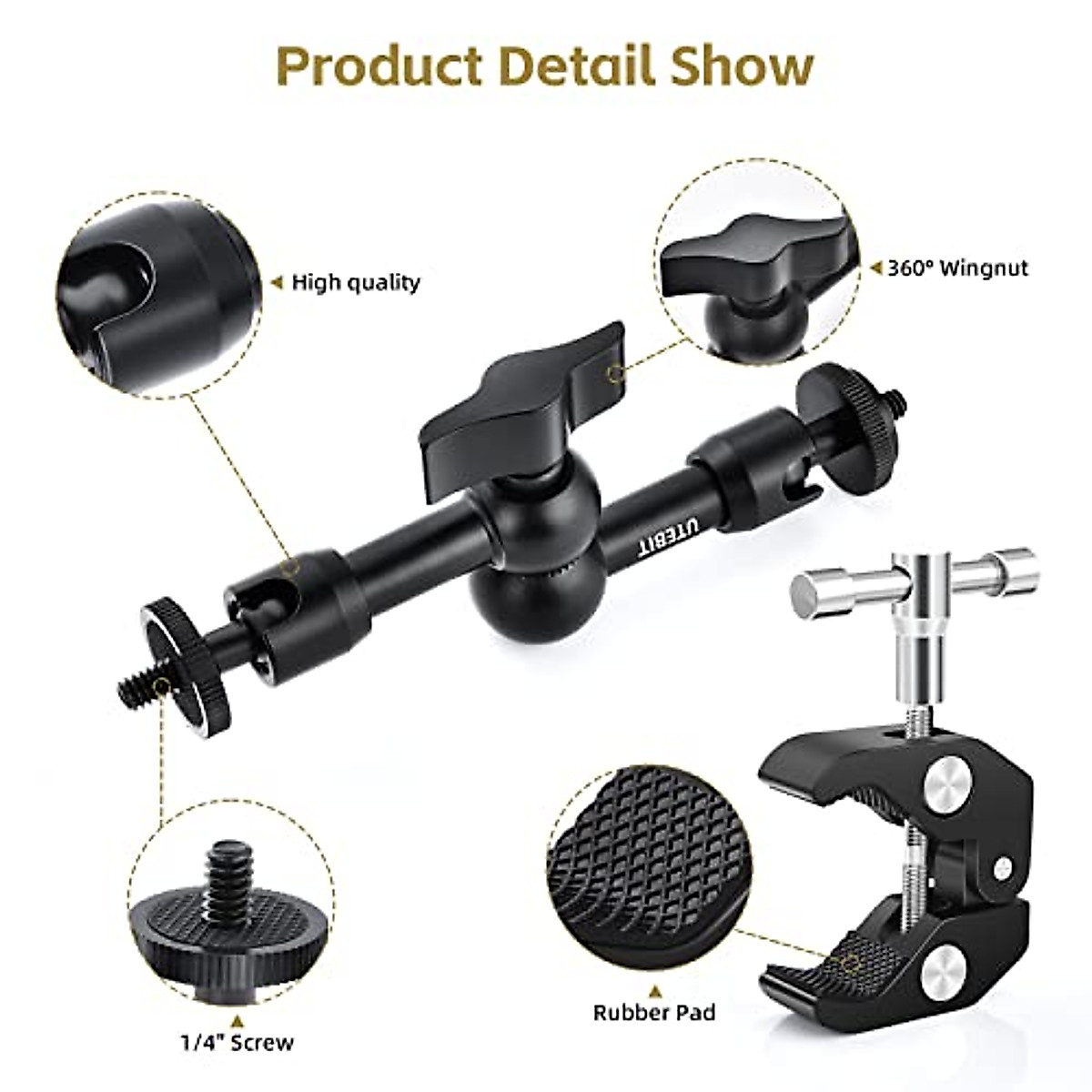 UTEBIT 7 inch Articulating Friction Arm with Large Super Crab Clamp and Hot Shoe Mount 1/4" Magic DSLR Tripod Arms Kit for Photography, Video, Camera Rig, LED Light, Flash Light, LCD Monitor