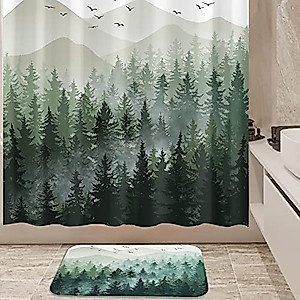 Accnicc Green and White Misty Forest Shower Curtain Bundle with Green Misty Forest Small Bathroom Rugs Mat Non-Slip Bath Rugs