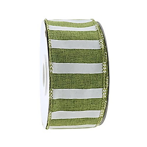 DINDOSAL Sage Green Wired Ribbon 2.5" Horizontal White Stripe Wired Edge Burlap Ribbon Farmhouse Wire Ribbon for Wreaths Crafts Supplies Gift Wrapping Bows Making Spring Decorations - 10 Yards