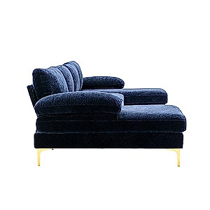 Verfur 5-Seater Sectional Sofa with Extra Wide Chaise and Movable Ottoman, U Shaped Convertible Couch Bed with Golden Metal Legs,Velvey Sofa&Couches Corner, Navy Blue