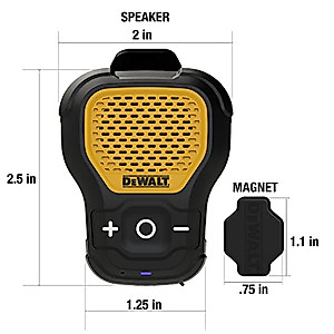 DEWALT Wearable Bluetooth Portable Speaker — Magnetic Clip-On Wireless Bluetooth Speaker — Jobsite Pro Water-Resistant Portable Speaker — Built-in Mic for Hands-Free Music and Calls