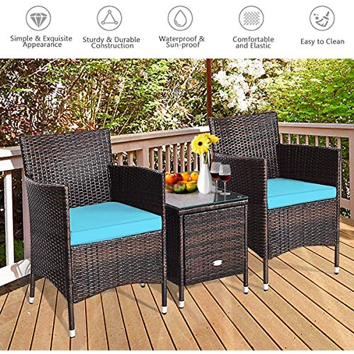 HAPPYGRILL 3-Pieces Patio Furniture Set Outdoor Rattan Wicker Conversation Set with Coffee Table Chairs & Cushions for Patio Garden Lawn Backyard Poolside