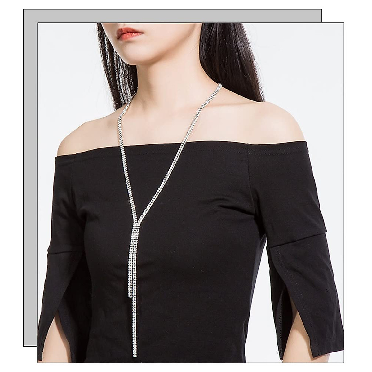 Sither Silver Crystal Necklace for Women Long Sweater Chain Statement Necklace for Wedding Jewelry for Dressy Winter Evening Party