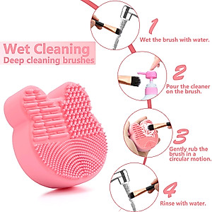 TailaiMei 2 Pack Makeup Brush Cleaning Mat with Color Removal Sponge, 2 in 1 Design Silicone Cleaner Pad for Dry Brush Color Switch and Wet Cleaning (Pink&Purple)