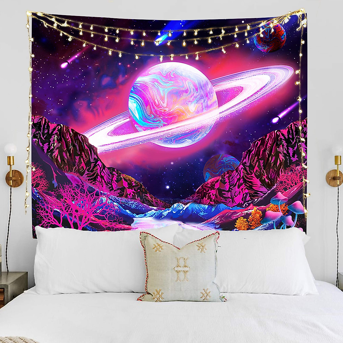 Hexagram Psychedelic Planet Tapestry - Space Galaxy Tapestry Wall Hanging - Black Light Poster - Trippy Mountain Wall Tapestry for Bedroom Aesthetic Home Room Decor - Purple Space Decor- 59x83 Inch