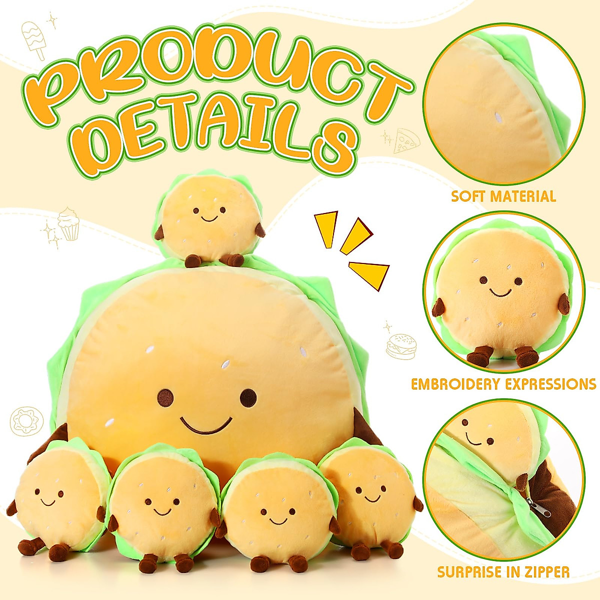 HyDren 1 Pc 16'' and 5 Pcs 4'' Hamburgers Plush Toy Set Cute Food Plush Pillow with Zipper Gift