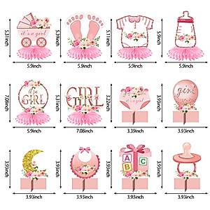 Aodocuto 12Pcs Pink Rose Gold Baby Shower Decorations Honeycomb Centerpieces for Girls, Floral It's a Girl Gender Reveal Table Centerpiece Party Supplies, Baby Girl Pregnancy Announcement Table Topper