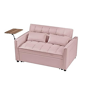 Comfy Velvet Tufted Upholstered Sofa Loveseat Convertible Futon Sofabed,Love Seat W/Pull Out Sleeper Couch Bed and 360 Adjustable Side Table for Coffee & Computer, Modern Compact Daybed