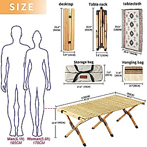 HUIHUIBI Portable Low Picnic Table,4Ft Bamboo Folding Camping Table with Carry Bag and Tablecloth,Foldable Beach Table for Camping,BBQ,Travel,Backyard Patio Party