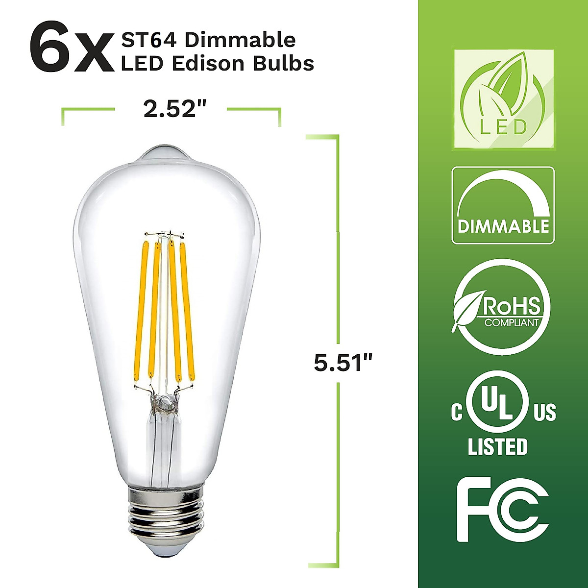 Bioluz LED 92 CRI Dimmable Edison Light Bulbs 800 Lumen Soft White 3000K 60W Replacement ST64 / ST19 / ST58 8.5W E26 Standard Base Title 20 High Efficacy Lighting 6-Pack