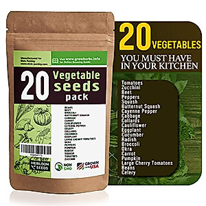 20 Vegetable Seeds Variety - USA Grown for Indoor or Outdoor Garden - Heirloom and Non GMO - Tomatoes, Zucchini, Peppers, Eggplant, Carrot, Cauliflower, Pumpkin, Celery, Radish and More